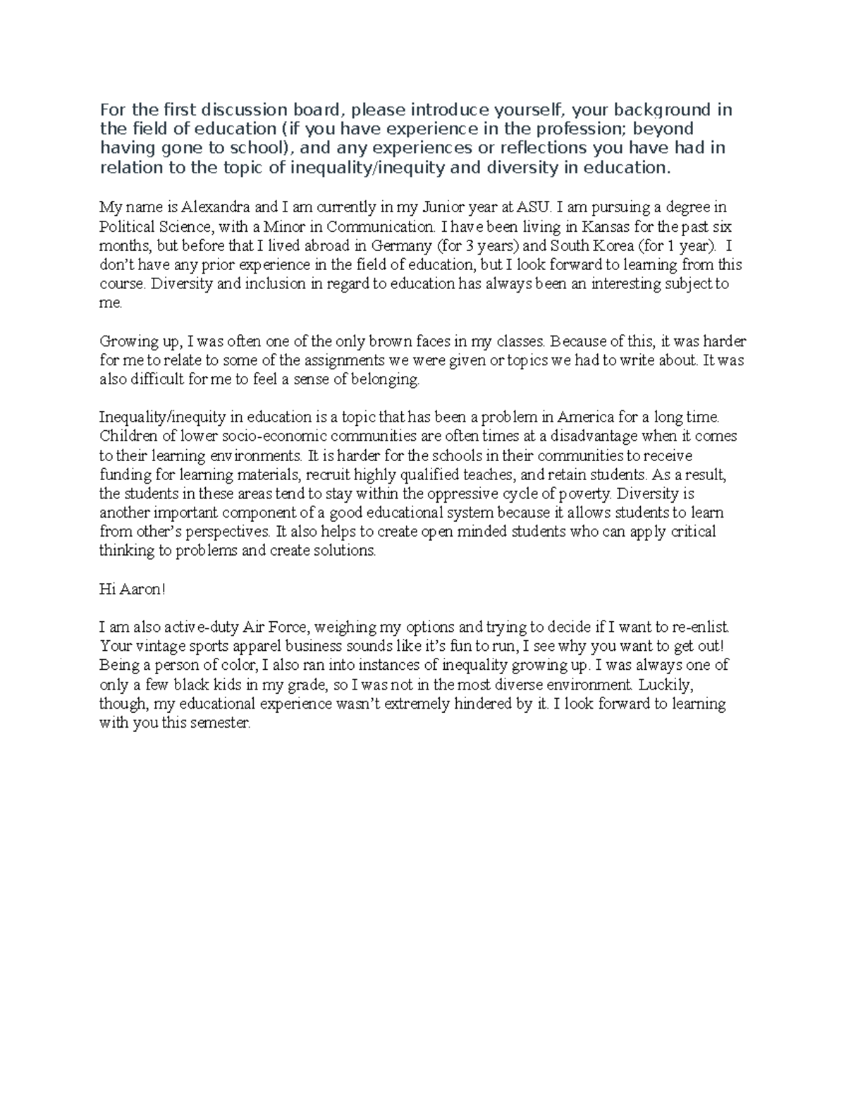 AFR D1 - Discussion post - For the first discussion board, please ...