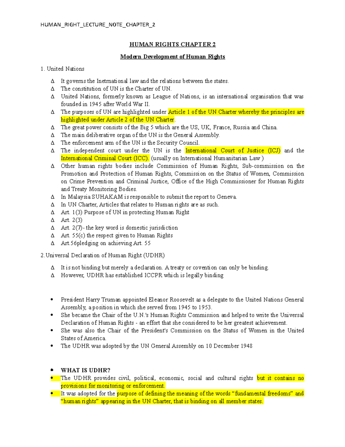 Human Rights Chapter 2 UNITED NATIONS - Education Law - MMU - Studocu