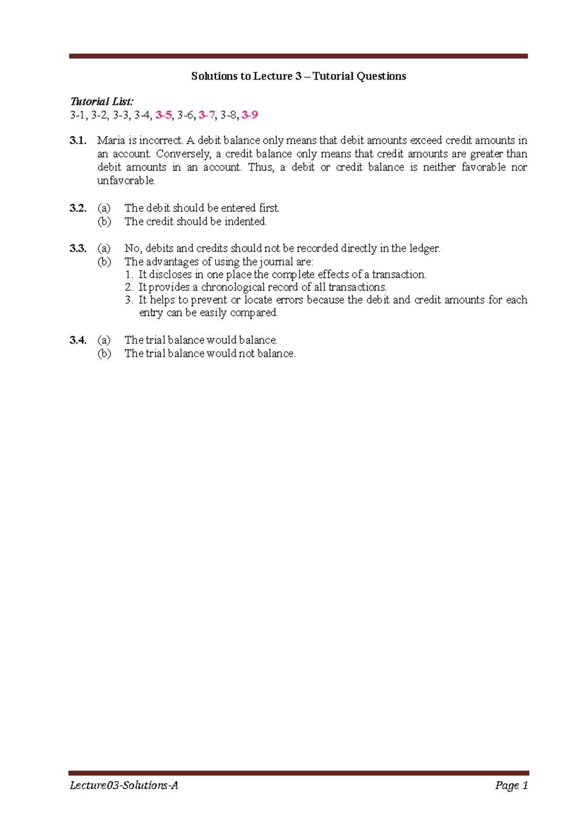 Lecture 03 TQ A Solutions - Solutions to Lecture 3 – Tutorial Questions Tutorial List: 3-1, 3-2 ...