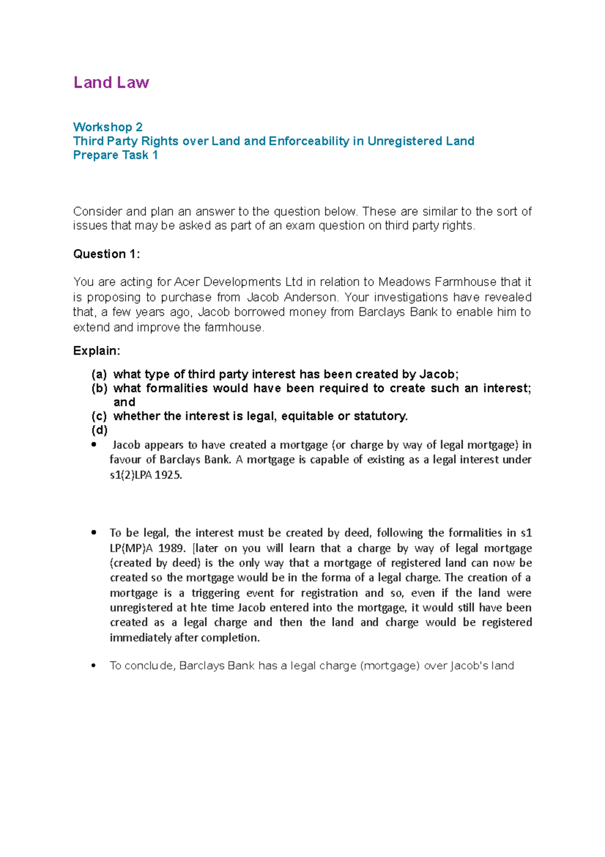 Land law 2 prep task - brief - Land Law Workshop 2 Third Party Rights ...