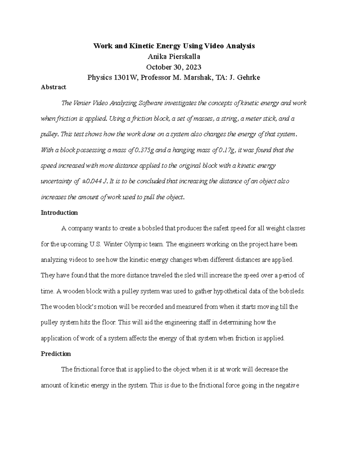 Lab Report #2 - Work and Kinetic Energy - Work and Kinetic Energy Using ...