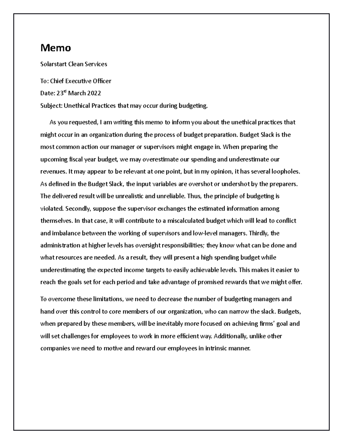 Memo - Budget assignment Memo to be submiteed along with assignment ...