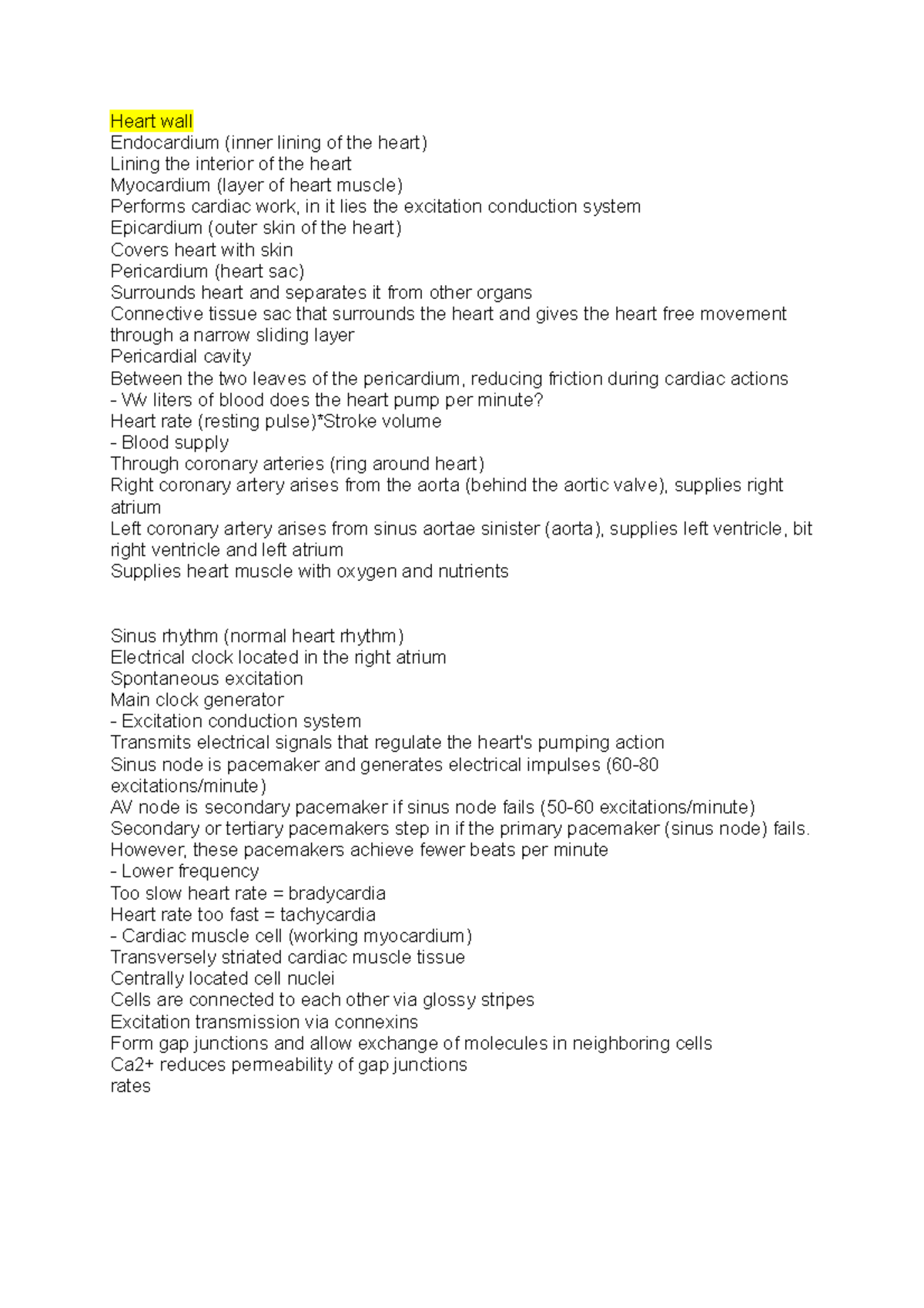 Heart wall - Lecture notes 8 - Heart wall Endocardium (inner lining of ...