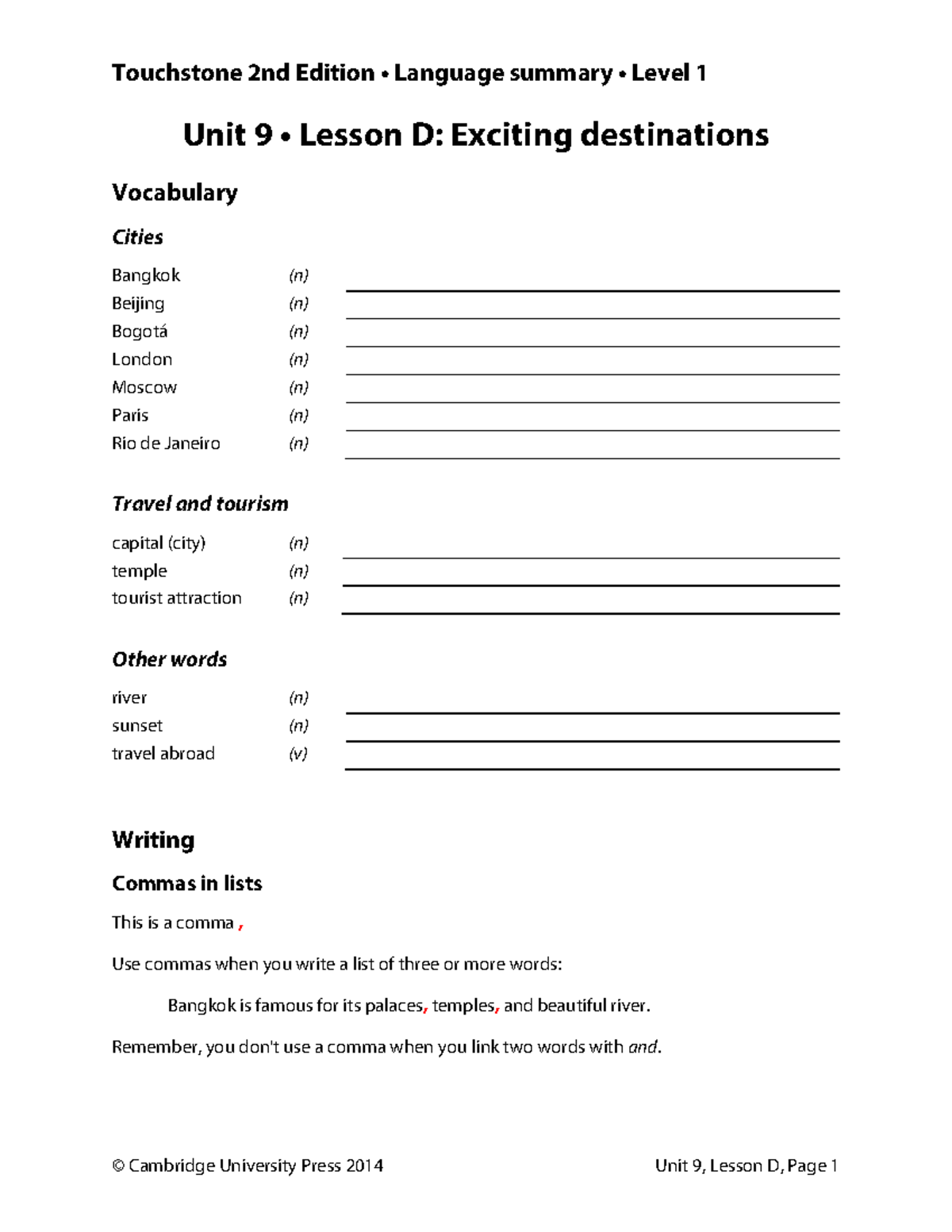 TS2e L1 U9 LD Langsum - Material Obligatorio - Touchstone 2nd Edition • Language summary • Level ...