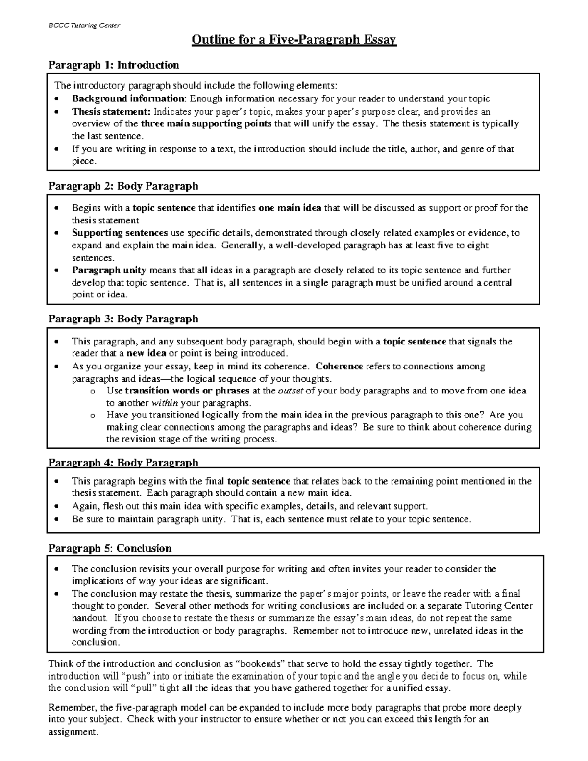 Five Paragraph Essay Outline - BCCC Tutoring Center Outline for a Five ...