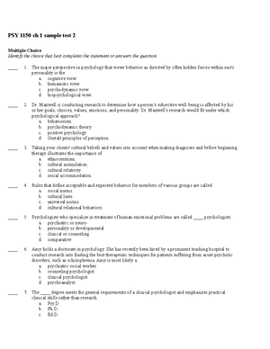 Psy 1150 Ch1 sample tst 2 - Psy 1150 Ch. 1 sample tst 2 Multiple Choice ...