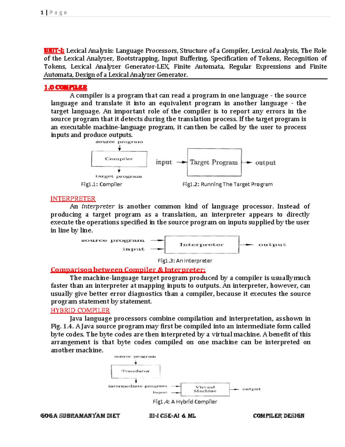 Design and Analysis of Algorithms COIMPILER DESIGN - UNIT-I: Lexical ...
