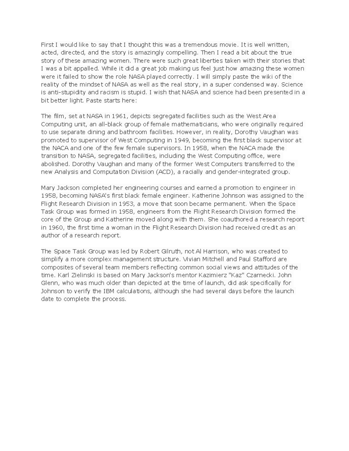 Hidden figures review - First I would like to say that I thought this ...