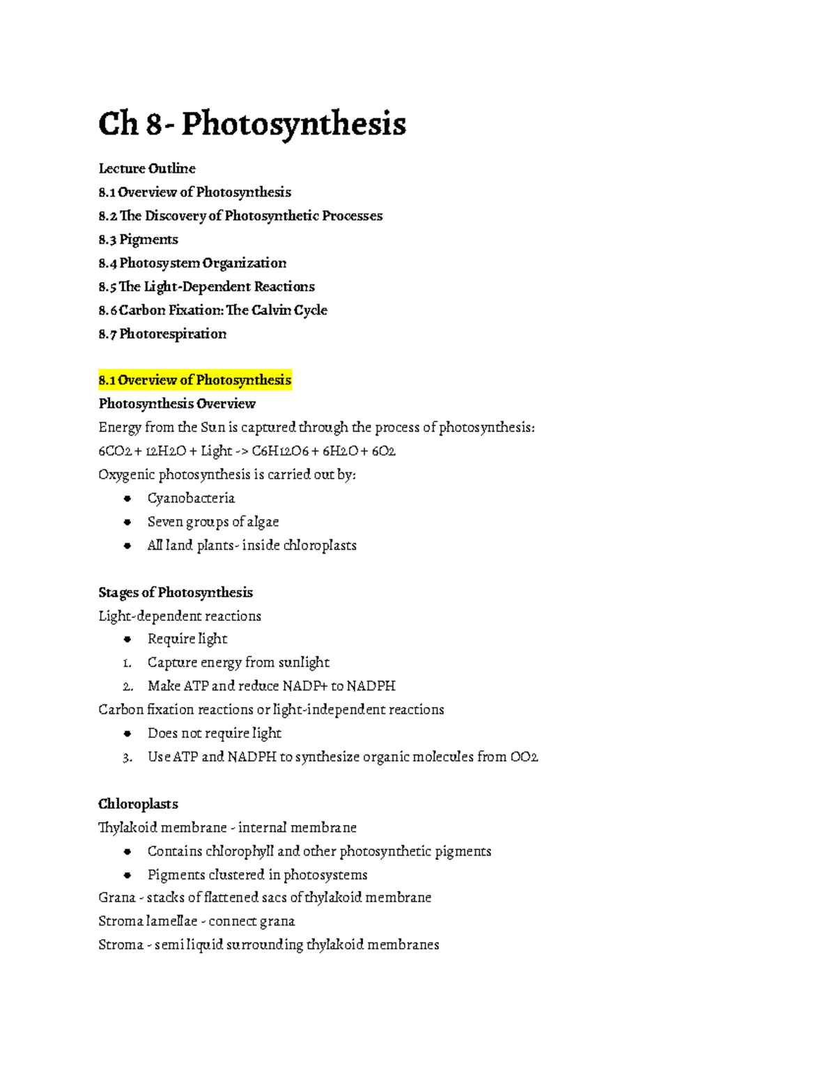 Ch 8 - Chapter 8 contains information about photosynthesis - Ch 8 ...