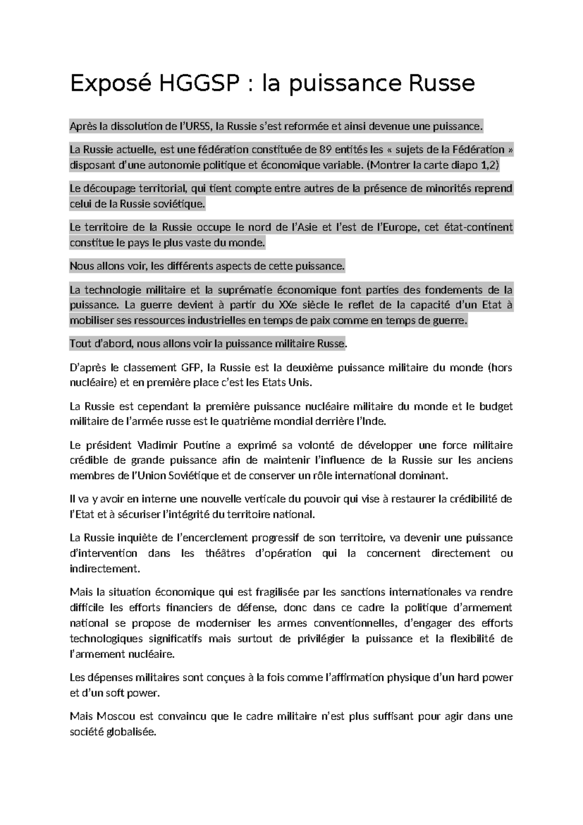 Exposé Hggsp - devoir - Exposé HGGSP : la puissance Russe Après la dissolution de l’URSS, la ...