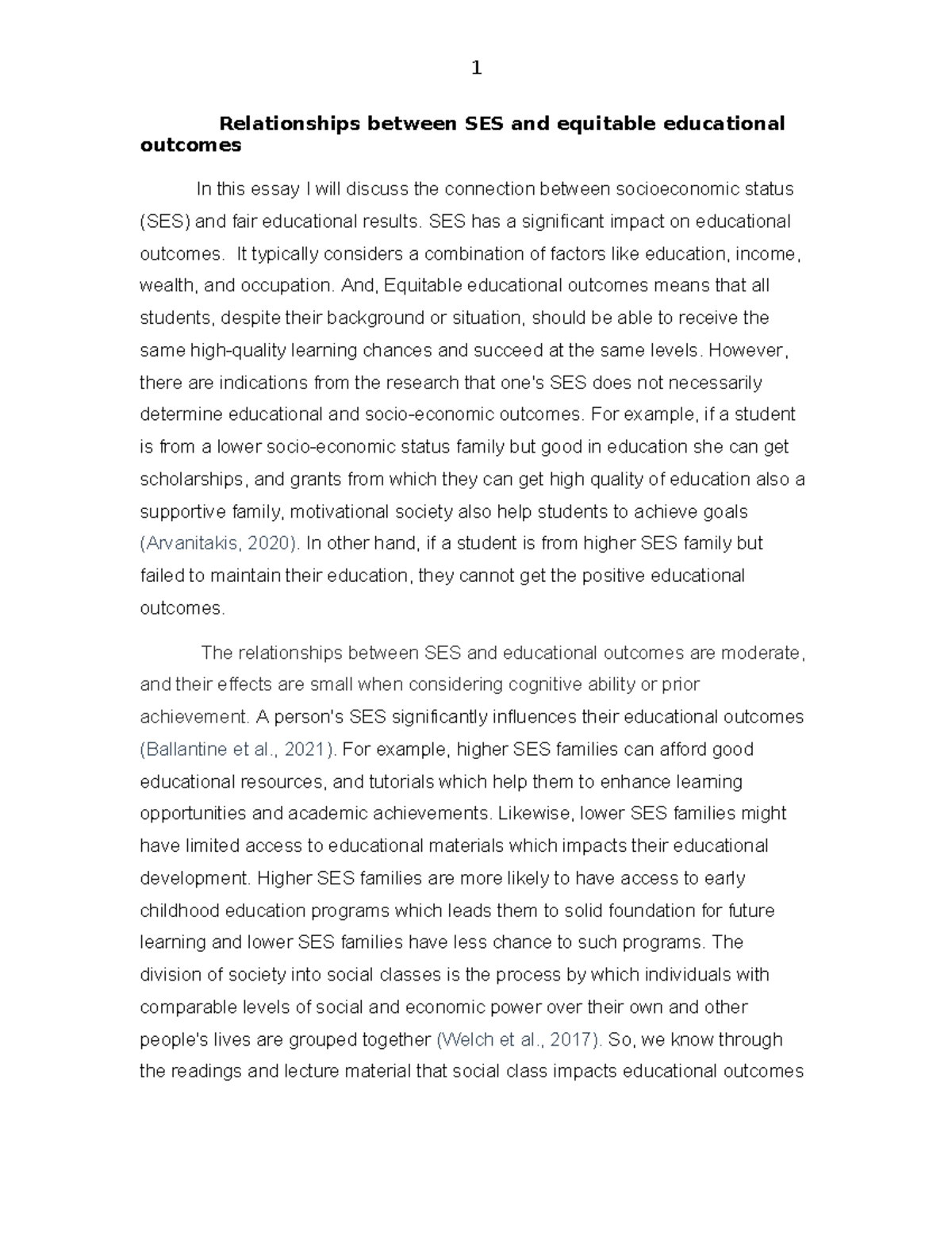 Assignment edes 103 final 2 - Relationships between SES and equitable educational outcomes In ...