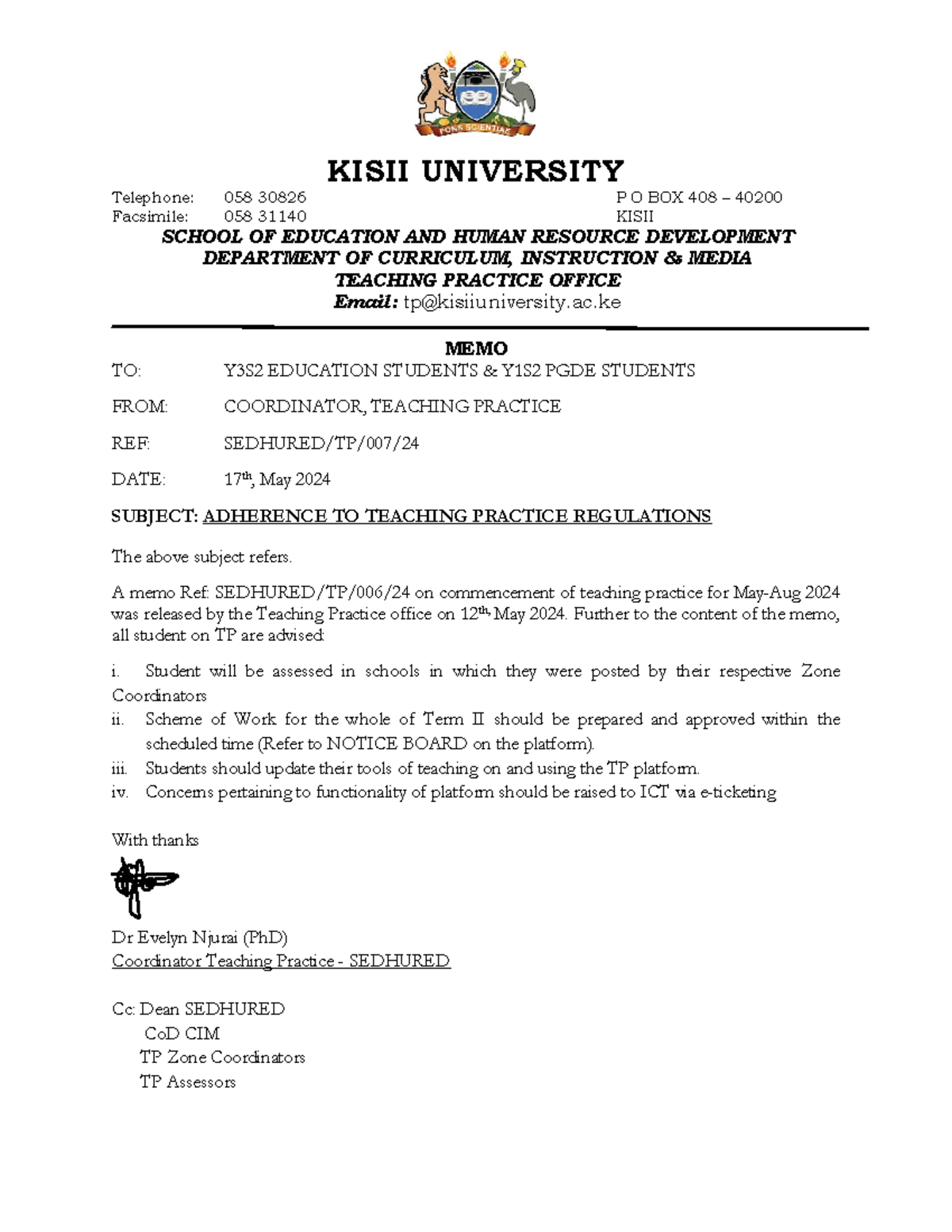 Adherence to TPr regulations - KISII UNIVERSITY Telephone: 058 30826 P ...