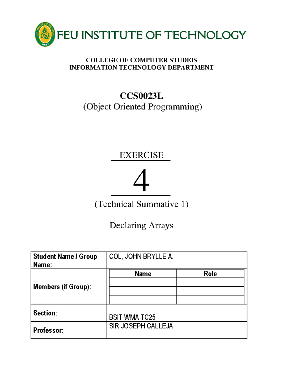 Lab Exp 4 (Declaring Arrays) Col - COLLEGE OF COMPUTER STUDEIS ...