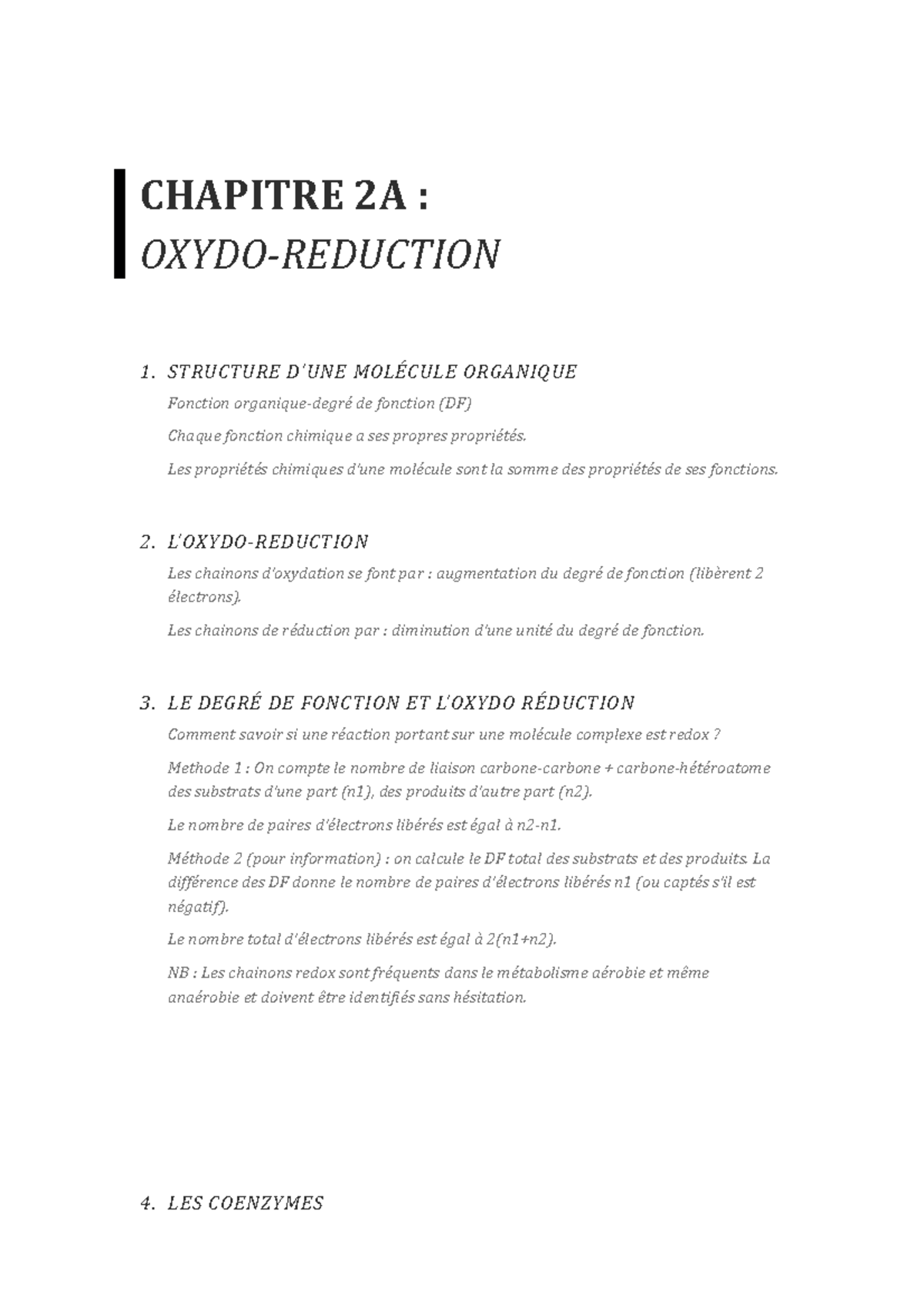 Chapitre 2 métabolisme - CHAPITRE 2A : OXYDO-REDUCTION 1. STRUCTURE D’UNE MOLÉCULE ORGANIQUE ...