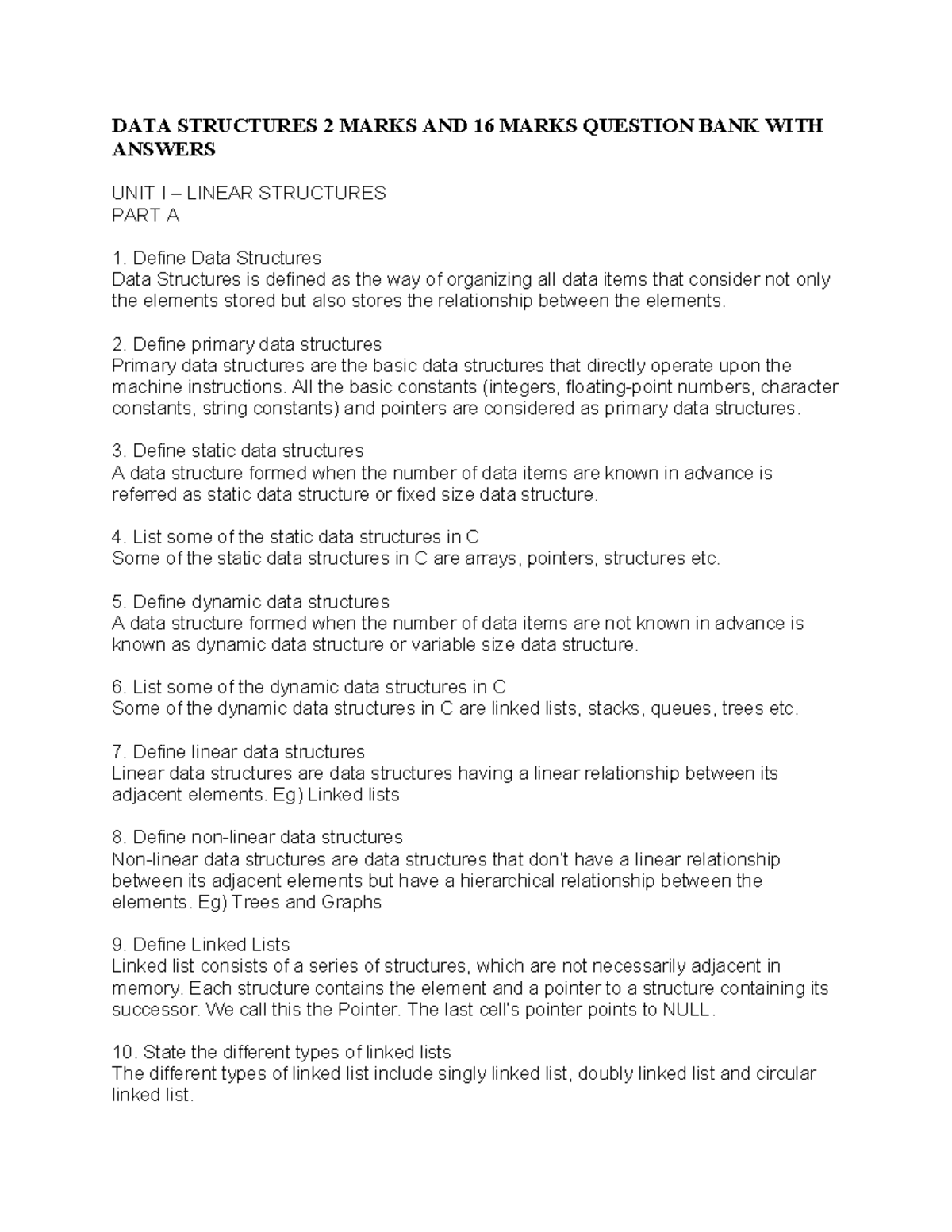 DATA Structures 2 Marks AND 16 Marks QUE - DATA STRUCTURES 2 MARKS AND 16 MARKS QUESTION BANK ...