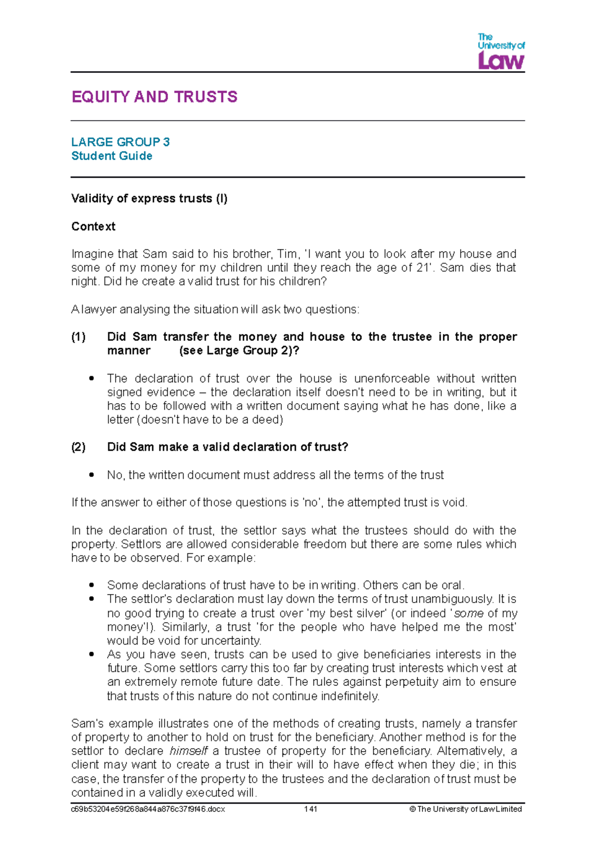 E&T LG3 - equity and trusts lg3 - EQUITY AND TRUSTS LARGE GROUP 3 Student Guide Validity of ...
