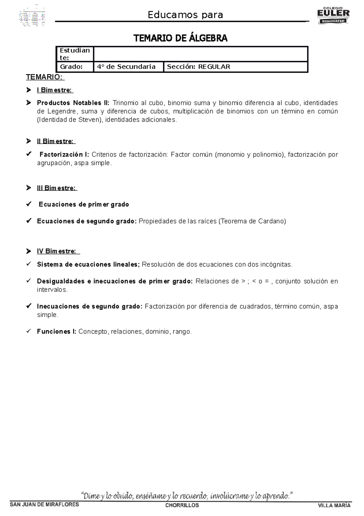 Temario Algebra 4 Regular - TEMARIO: I Bimestre: Productos Notables II ...