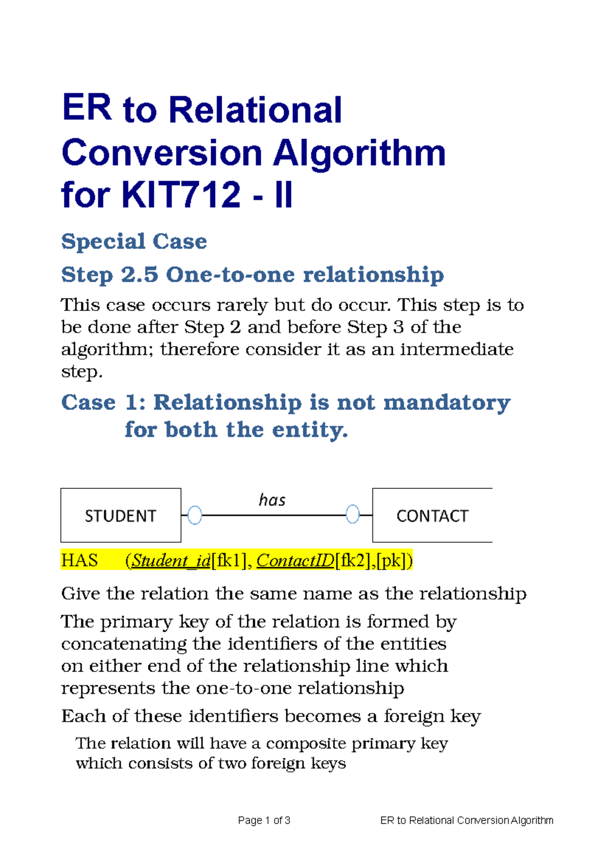 Conversion Algm Handout Special Case - ER to Relational Conversion ...