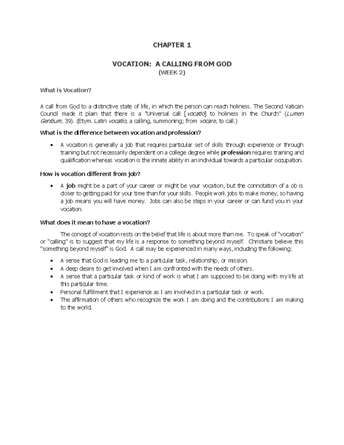 Notes IN Theology 2 - CHAPTER 1 VOCATION: A CALLING FROM GOD (WEEK 2 ...