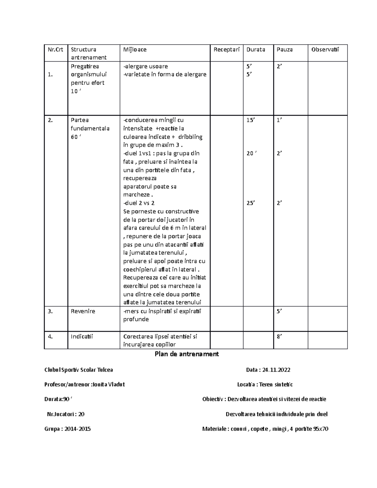Plan antrenament - antrrnament - Nr Structura antrenament Mijloace Receptari Durata Pauza ...