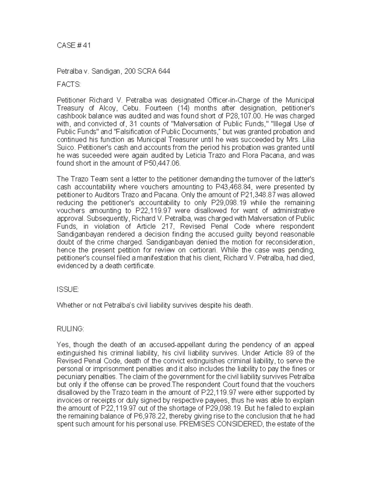 41 - Case digest - CASE # 41 Petralba v. Sandigan, 200 SCRA 644 FACTS ...