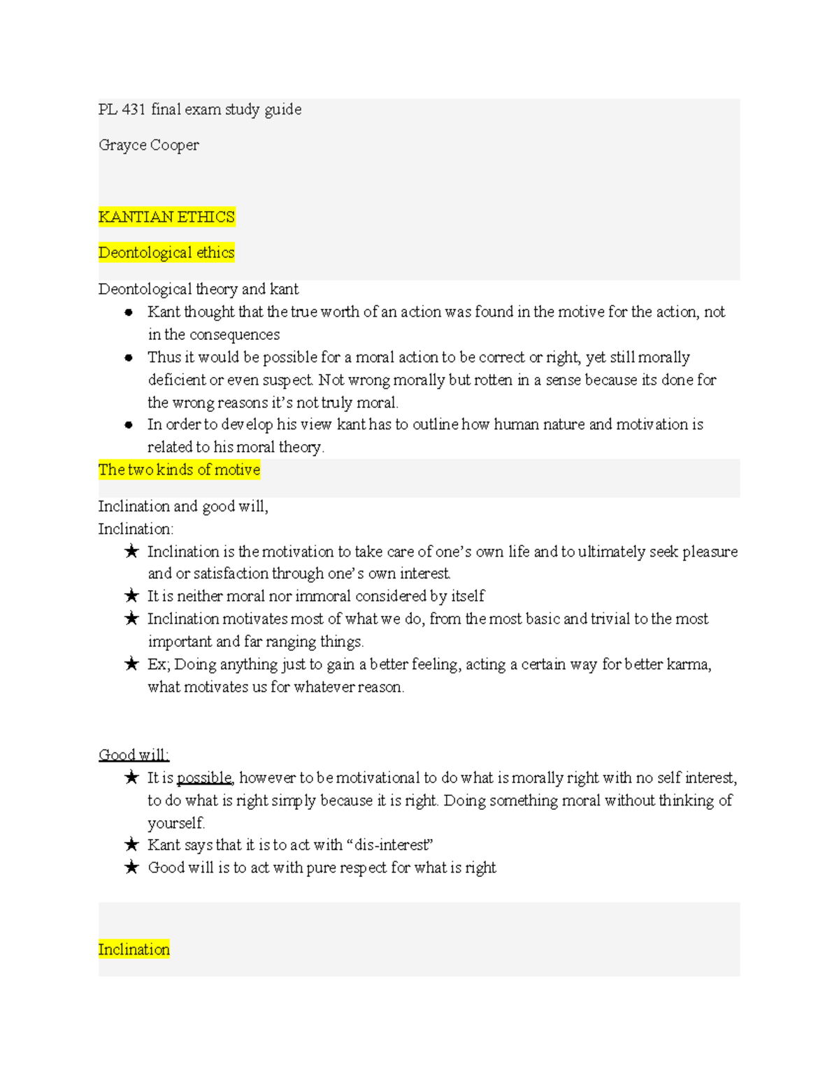 PL 431 final study guide - PL 431 final exam study guide Grayce Cooper KANTIAN ETHICS ...