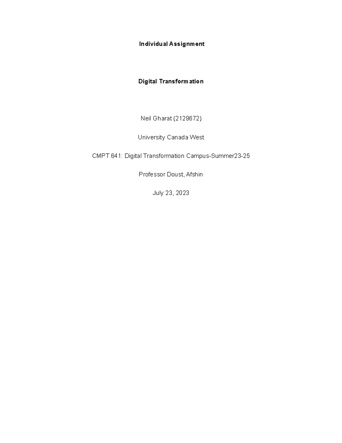 CMPT Assignment 1 - thanks` - Individual Assignment Digital Transformation Neil Gharat (2129672 ...