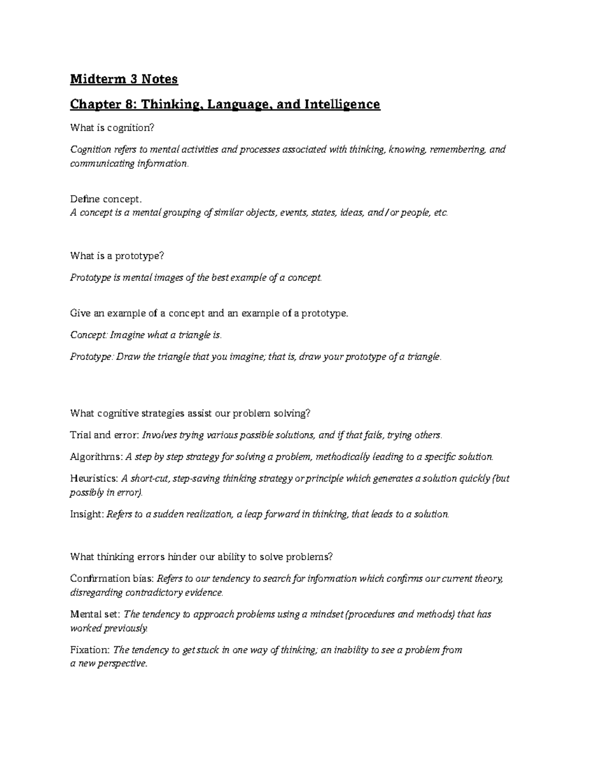 Midterm 3 Notes - Midterm 3 Notes Chapter 8: Thinking, Language, and ...