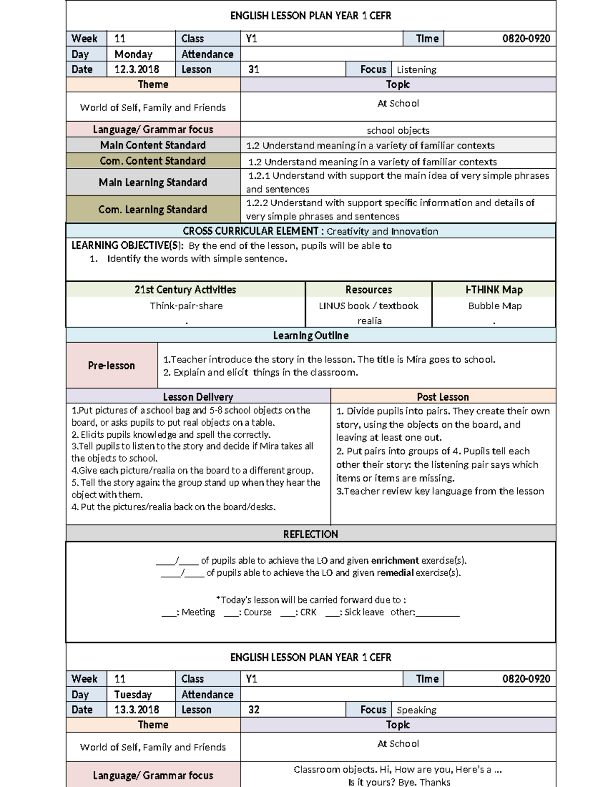 Update Y1 Lesson PLAN WEEK 11 - ENGLISH LESSON PLAN YEAR 1 CEFR Week 11 Class Y1 Time 0820- Day ...