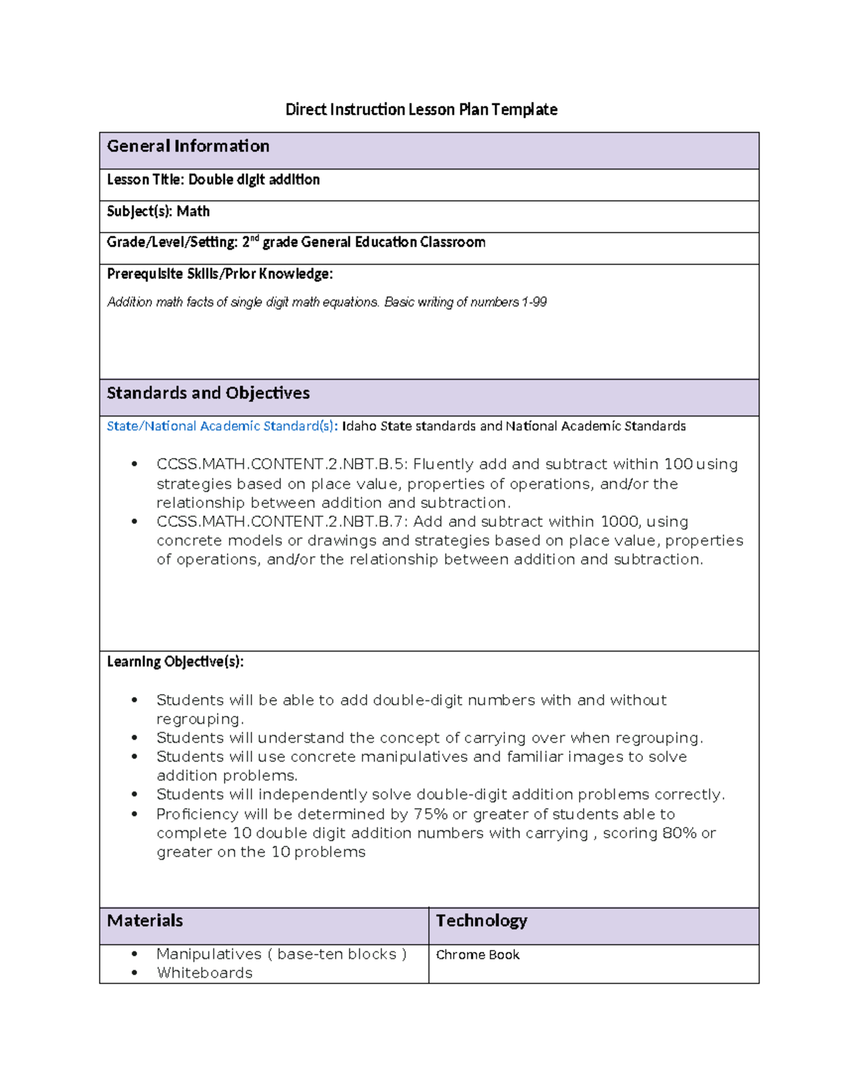 Math lp direct instruction lesson plan template - Direct Instruction ...