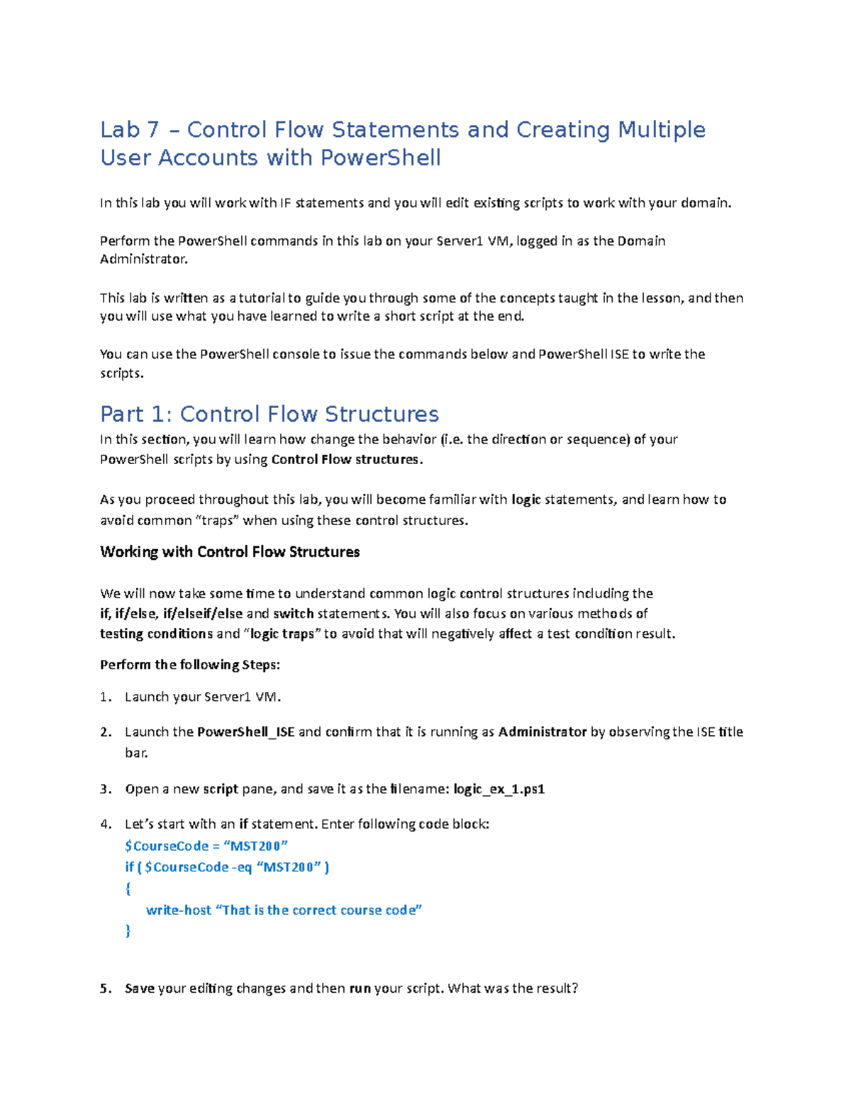 Lab 7 - Creating Users with PS - Lab 7 – Control Flow Statements and ...