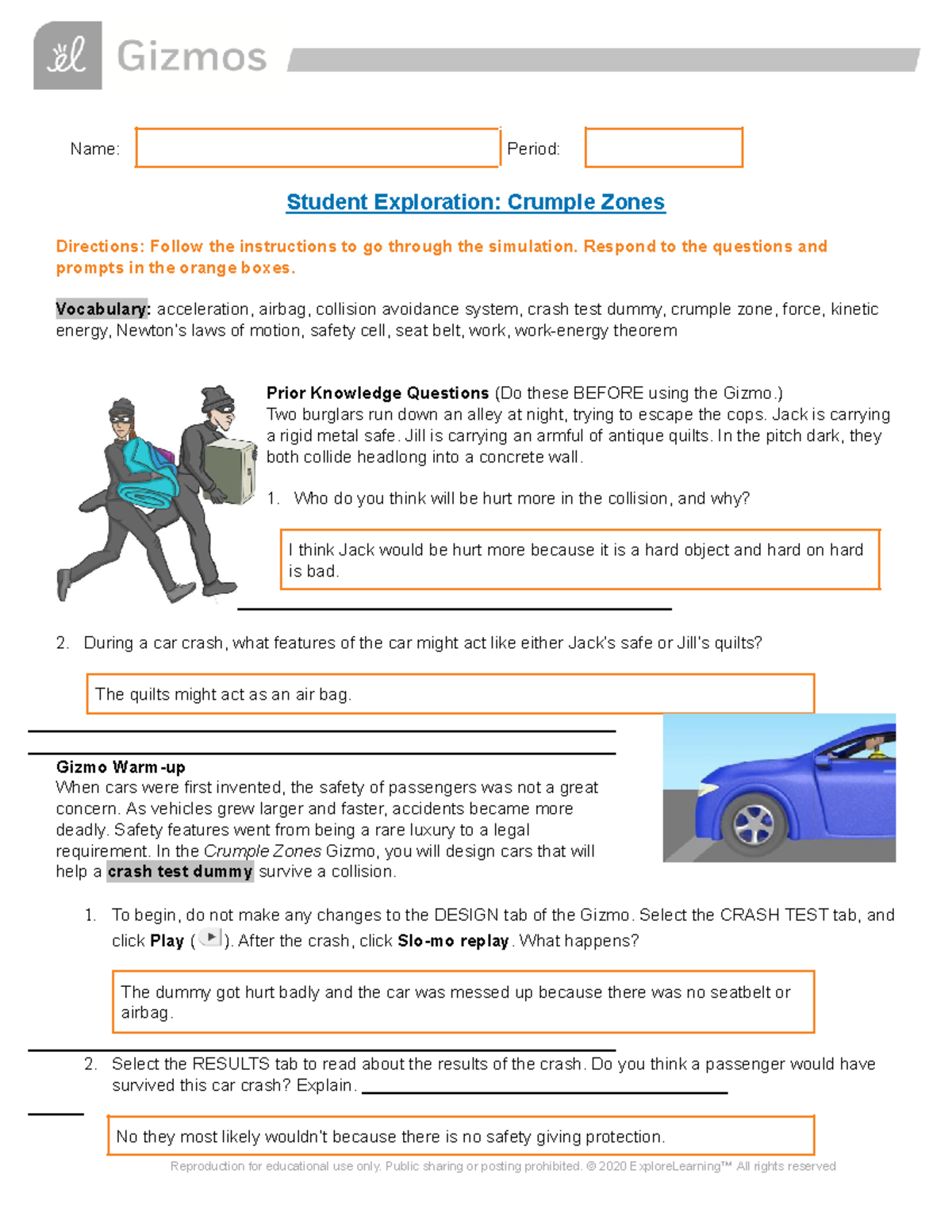 Gizmos Crumple Zones Activities A & B - Name: Period: Student ...