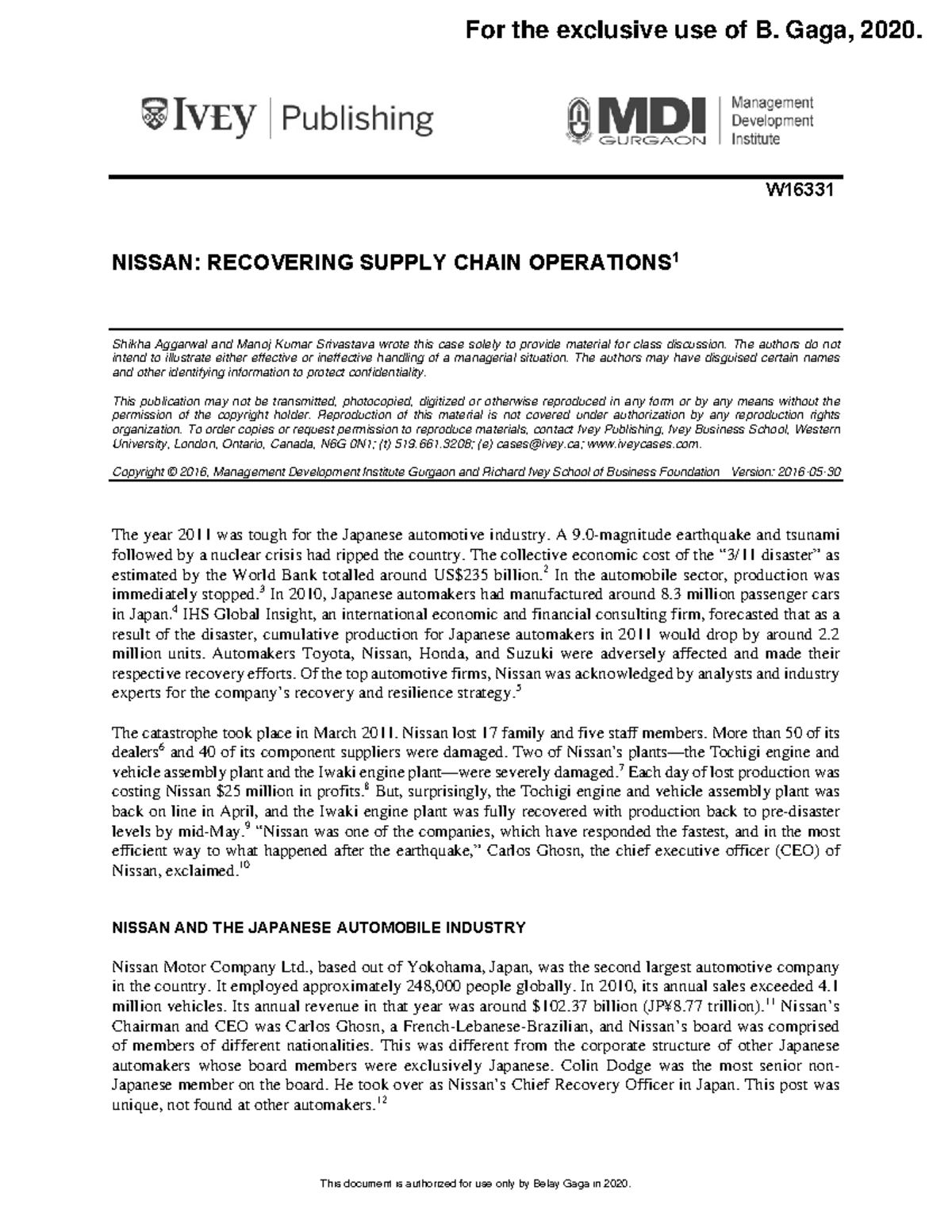 Nissan - W NISSAN: RECOVERING SUPPLY CHAIN OPERATIONS 1 Shikha Aggarwal ...
