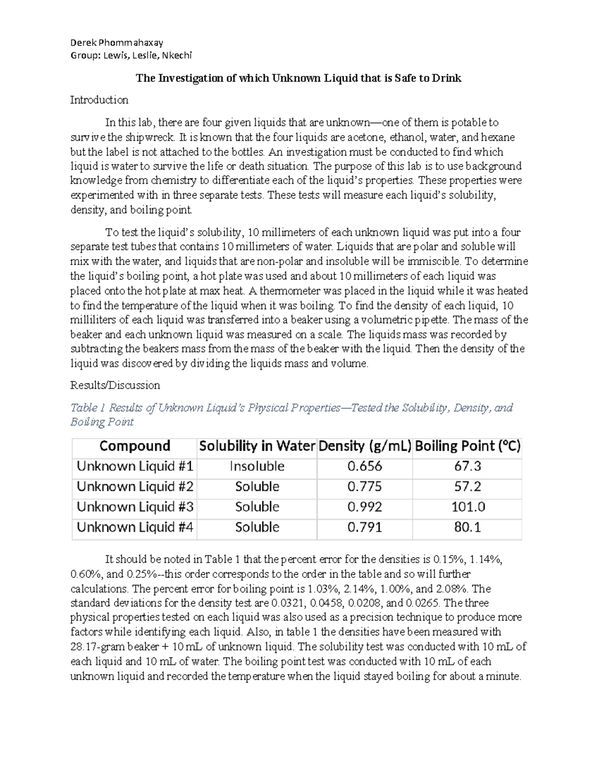 Chem Lab report #2 - Investigation of Unknown Liquid - Derek ...