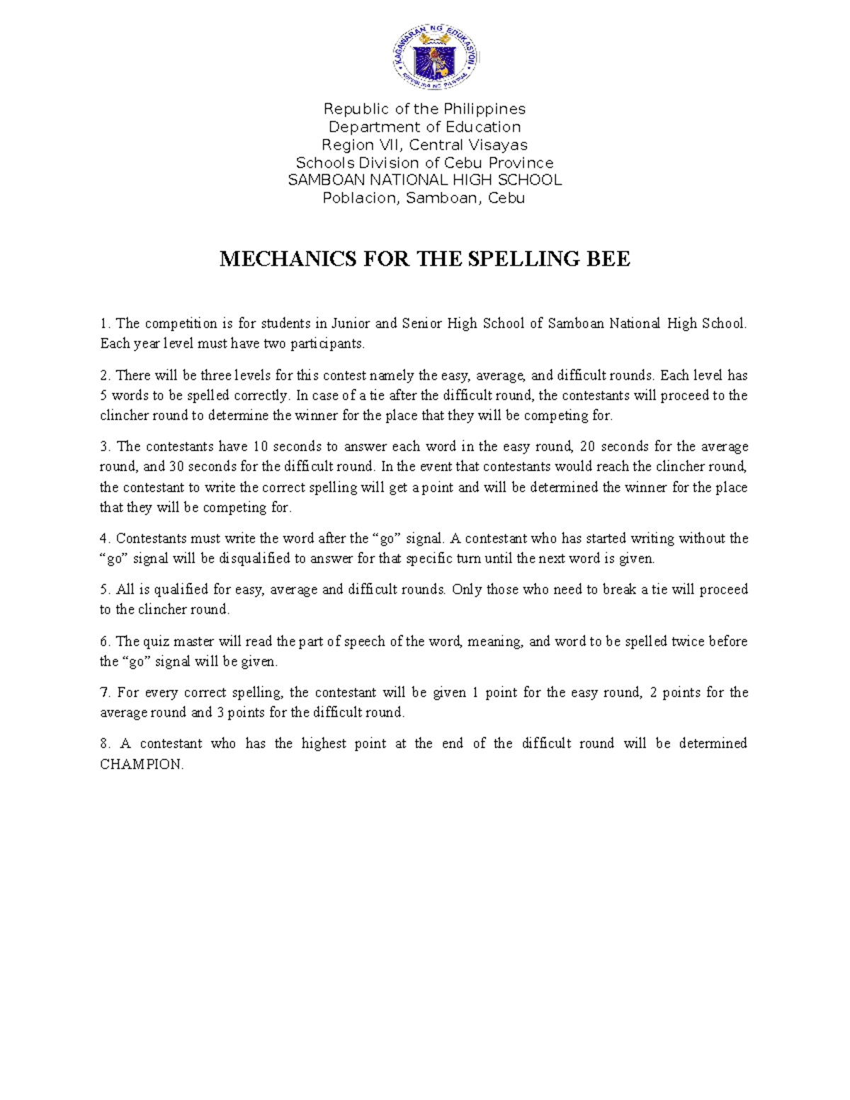 Mechanics FOR THE Spelling BEE - Republic of the Philippines Department ...