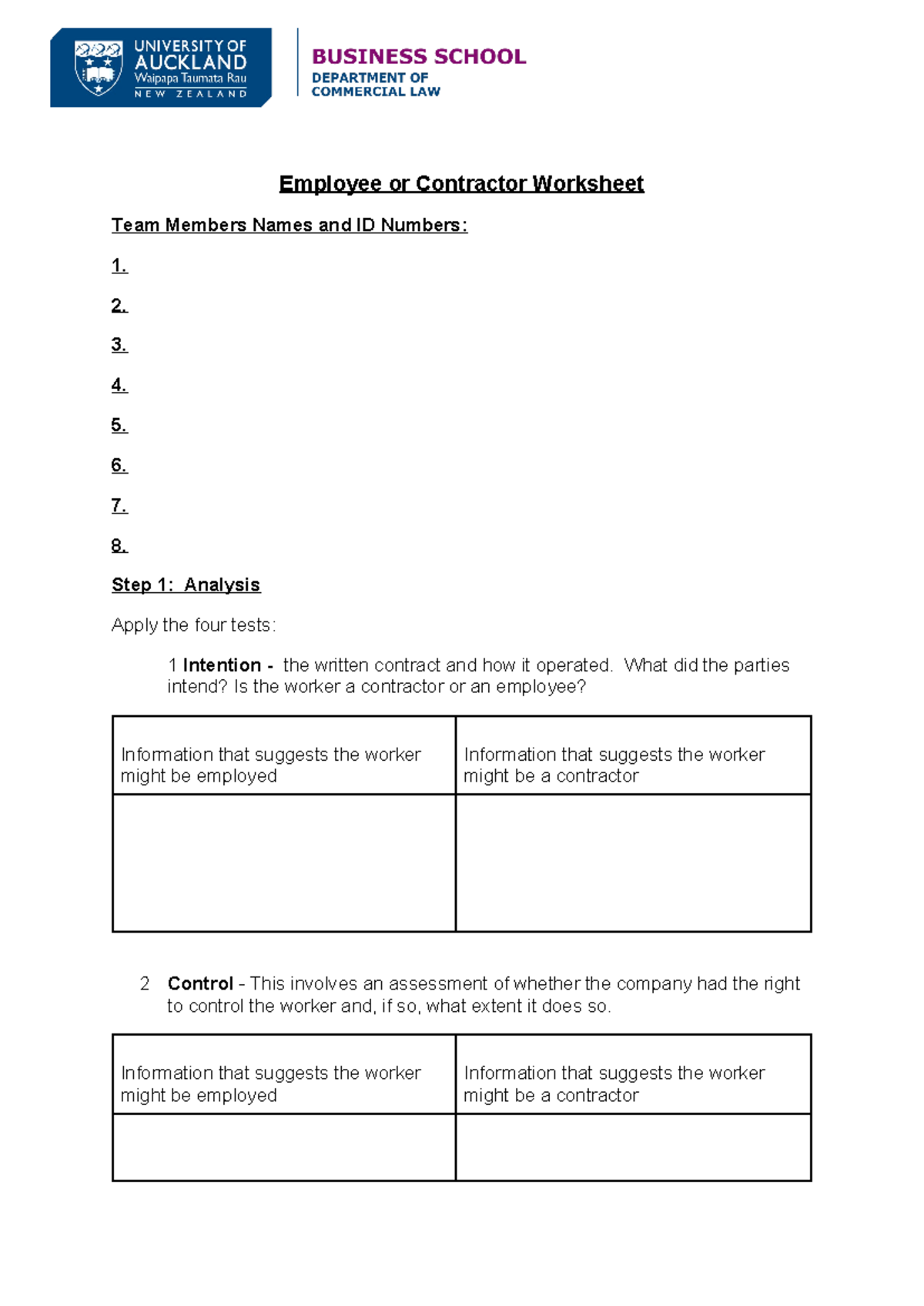 Assessment Worksheet-1 - Employee or Contractor Worksheet Team Members ...