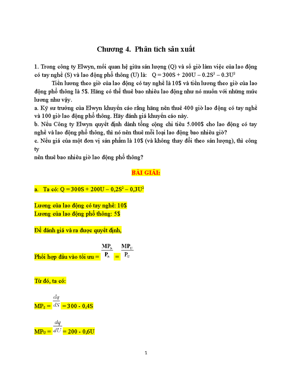 Chương 4 - examples and answer - Chương 4. Phân tích sản xuất 1. Trong ...