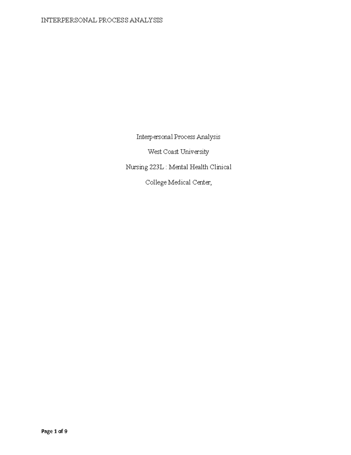 NUR 223L Interpersonal Process Analysis S.T. Sample - Interpersonal ...