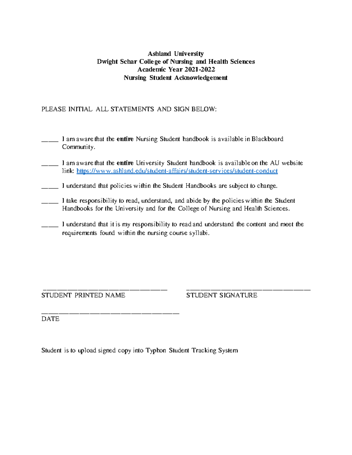 2021-2022 Student Handbook Acknowledgement-2 - Ashland University ...