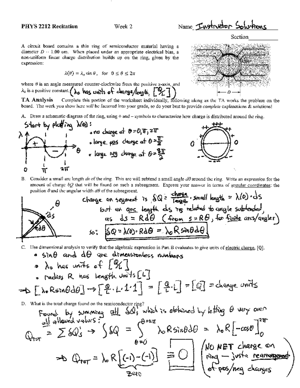 Physics 2212 - Field of a Continuous Charge - PHYS 2212 Recitation Week 2 Name Instructor ...