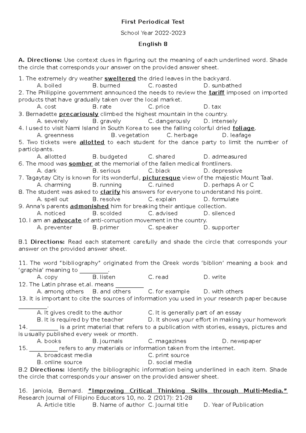 First Periodical Test - First Periodical Test School Year 2022- English ...