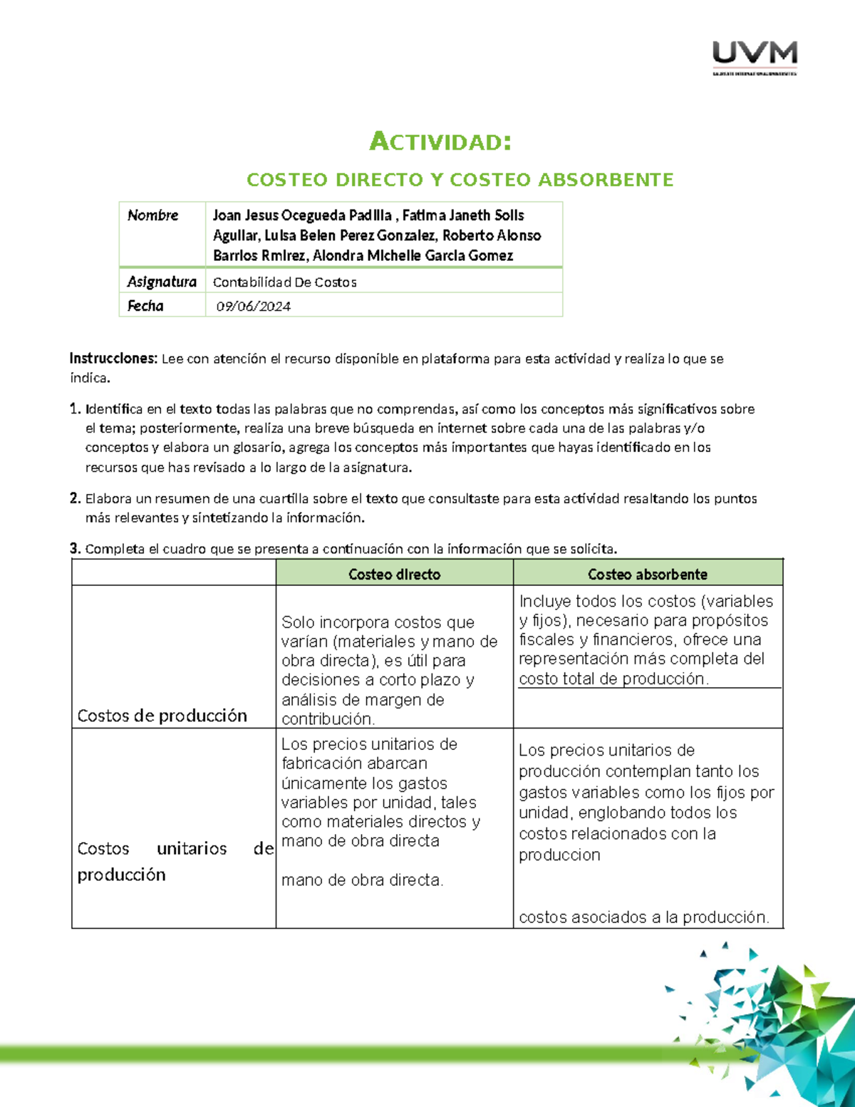 Cuadro comparativo contaduria - ACTIVIDAD: COSTEO DIRECTO Y COSTEO ABSORBENTE Nombre Joan Jesus ...