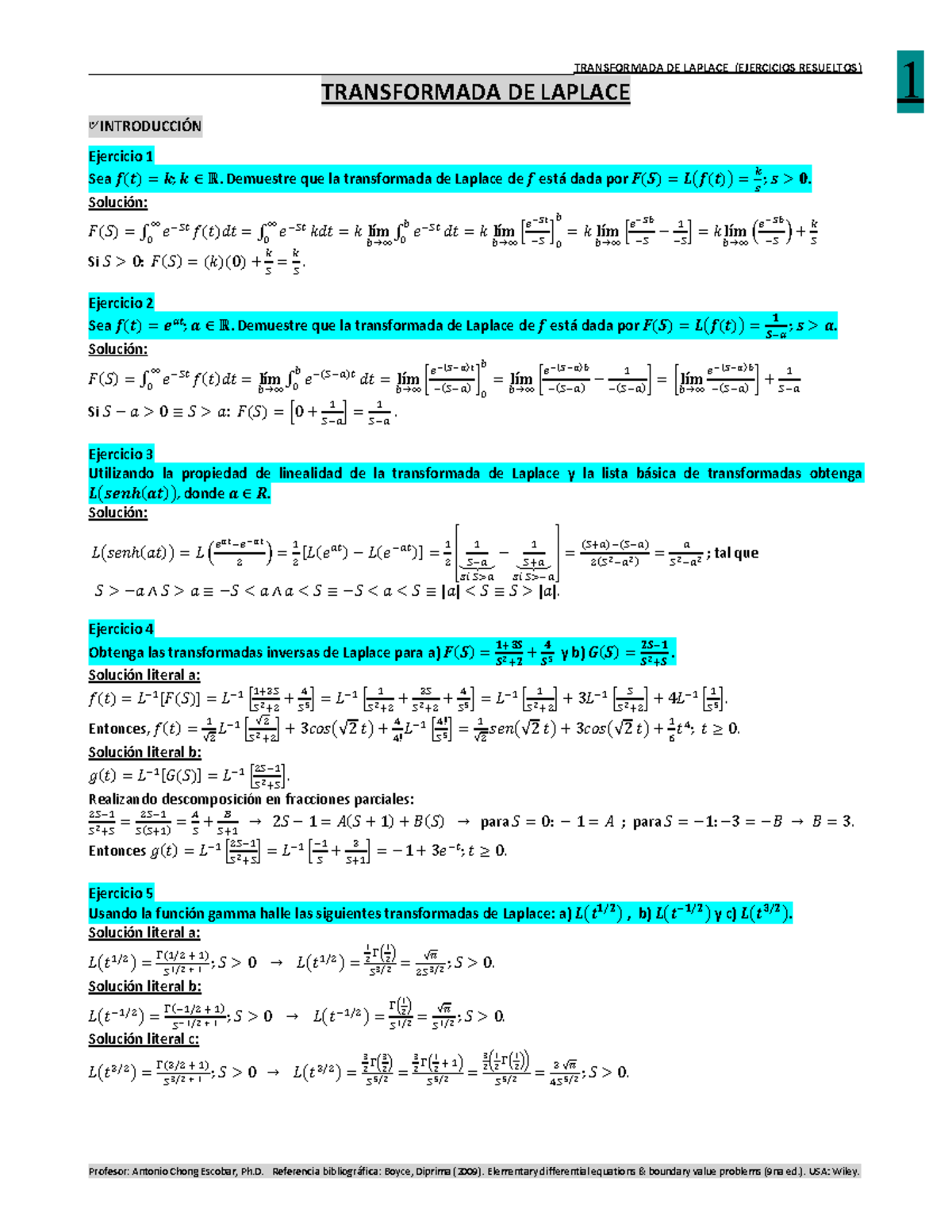 Transformada DE Laplace (Ejercicios resueltos) - 1 TRANSFORMADA DE LAPLACE ৺INTRODUCCIÓN ...