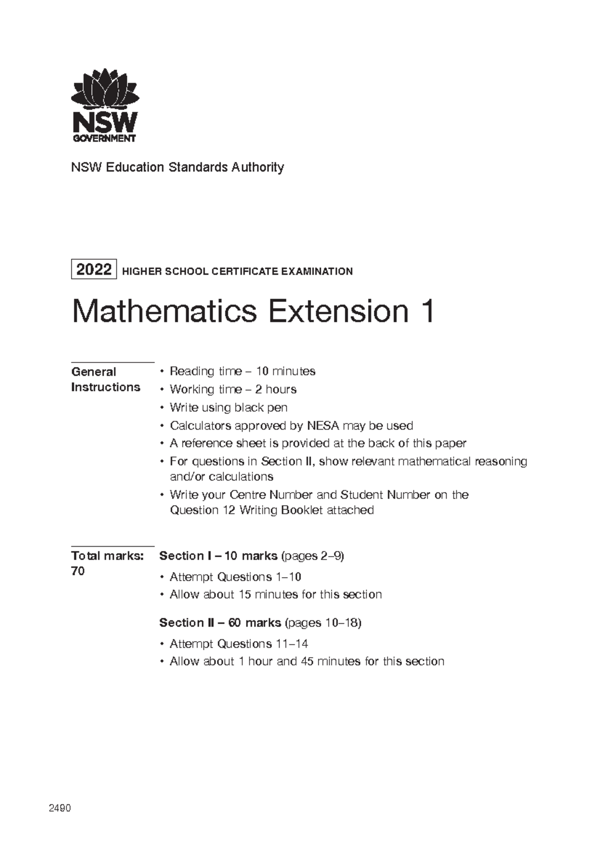 2022 hsc mathematics extension 1 - 2490 NSW Education Standards ...