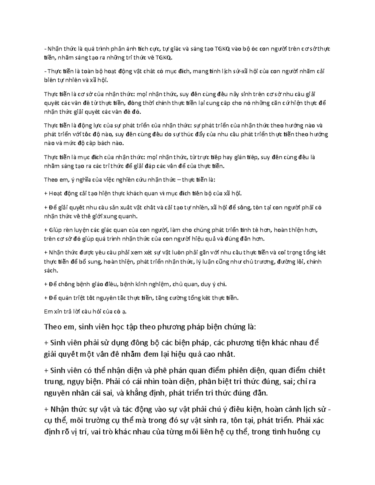 Câu hỏi thảo luận Triết học - Nh n th c là quá trình ph n ánh tch c c, t giác và sáng t o TGKQ ...