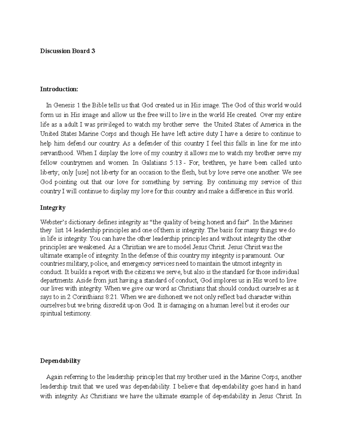 Docx - Classwork - Discussion Board 3 Introduction: In Genesis 1 the ...