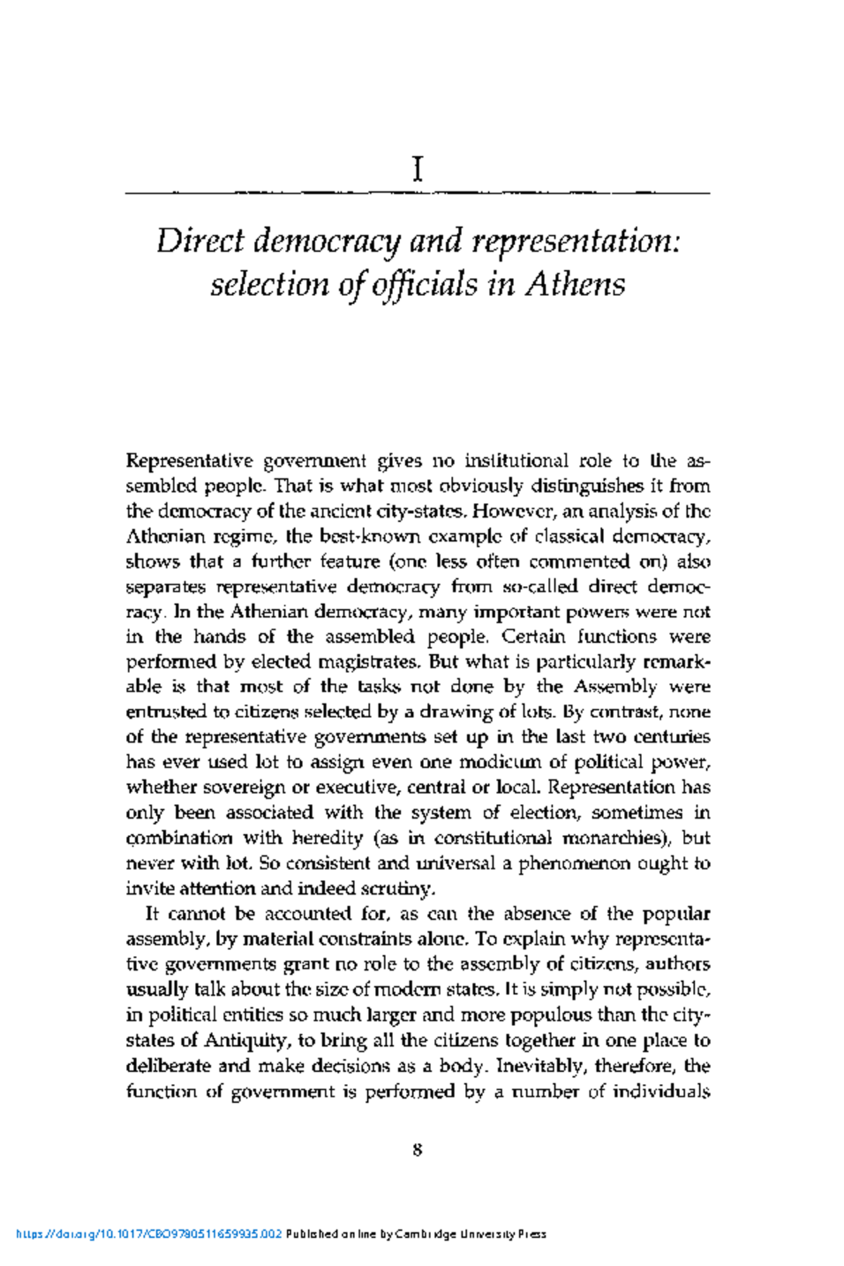 Chapter 1 - summary - I Direct democracy and representation: selection ...