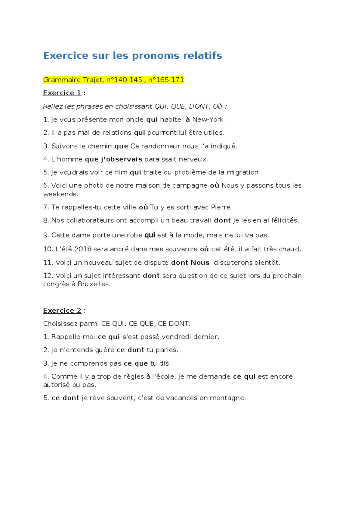 03 Ex pronoms relatifs - Exercice sur les pronoms relatifs Grammaire ...