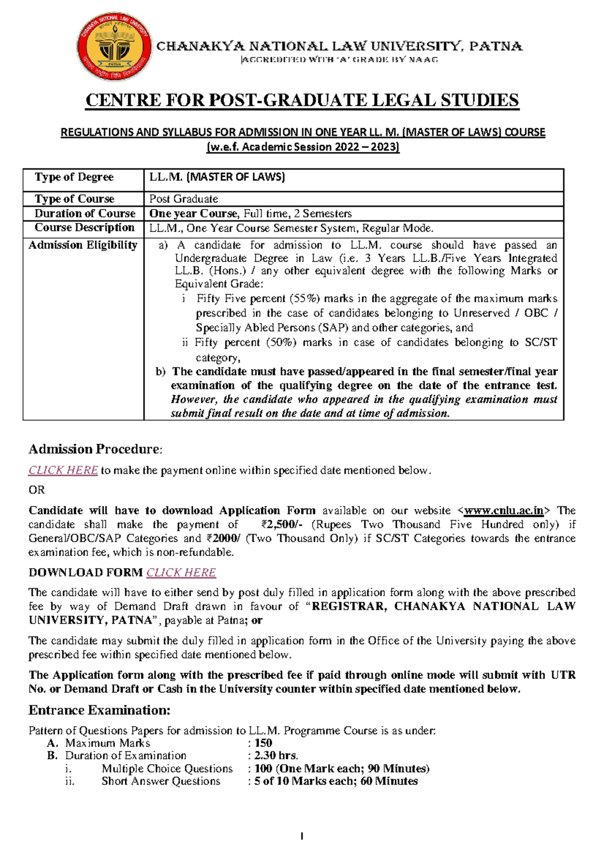 LLM 2022 Regulation - LLM - CENTRE FOR LEGAL STUDIES REGULATIONS AND SYLLABUS FOR ADMISSION IN ...
