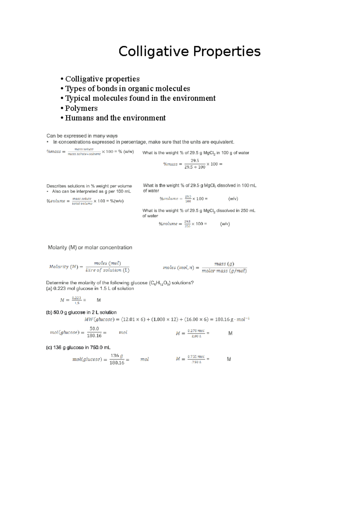 CHEM1010 Week 6 Colligative Properties notes - CHEM1010 - UoN - Studocu
